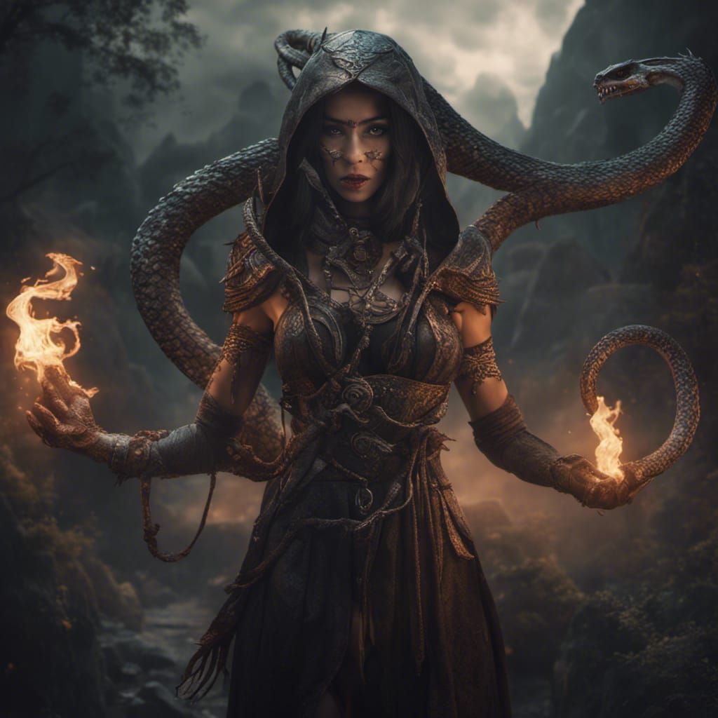 Snake Yuan Ti Woman with Cobra hood and vampire fangs casting druidic ...