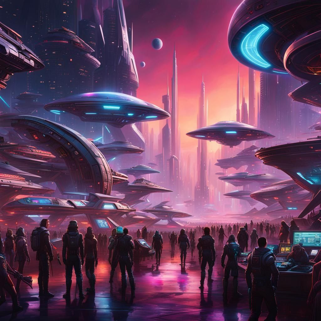 Image of A bustling spaceport on a distant cyberpunk world, neon lights ...