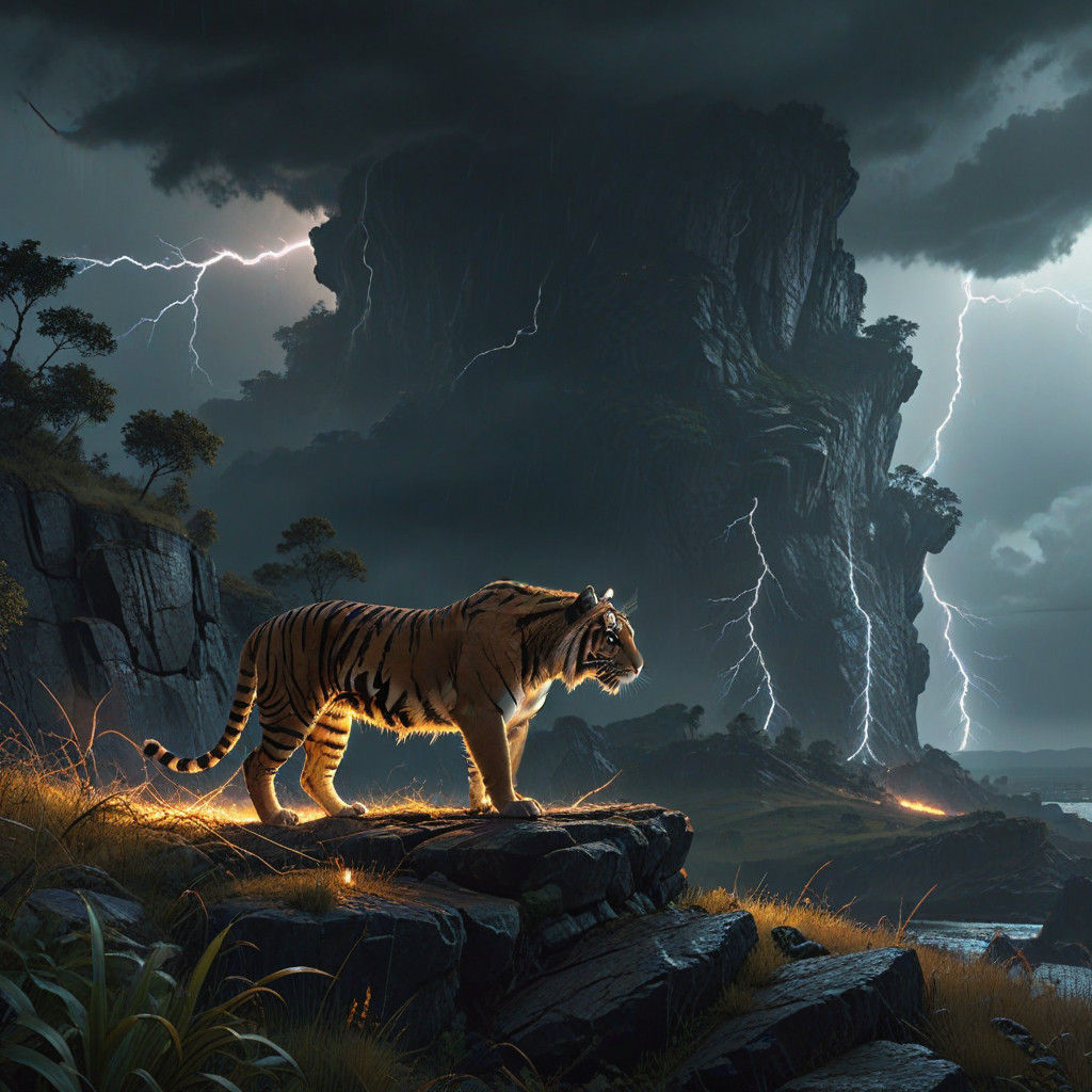 Hyper-Realistic Tiger on a Stormy Cliff - AI Art