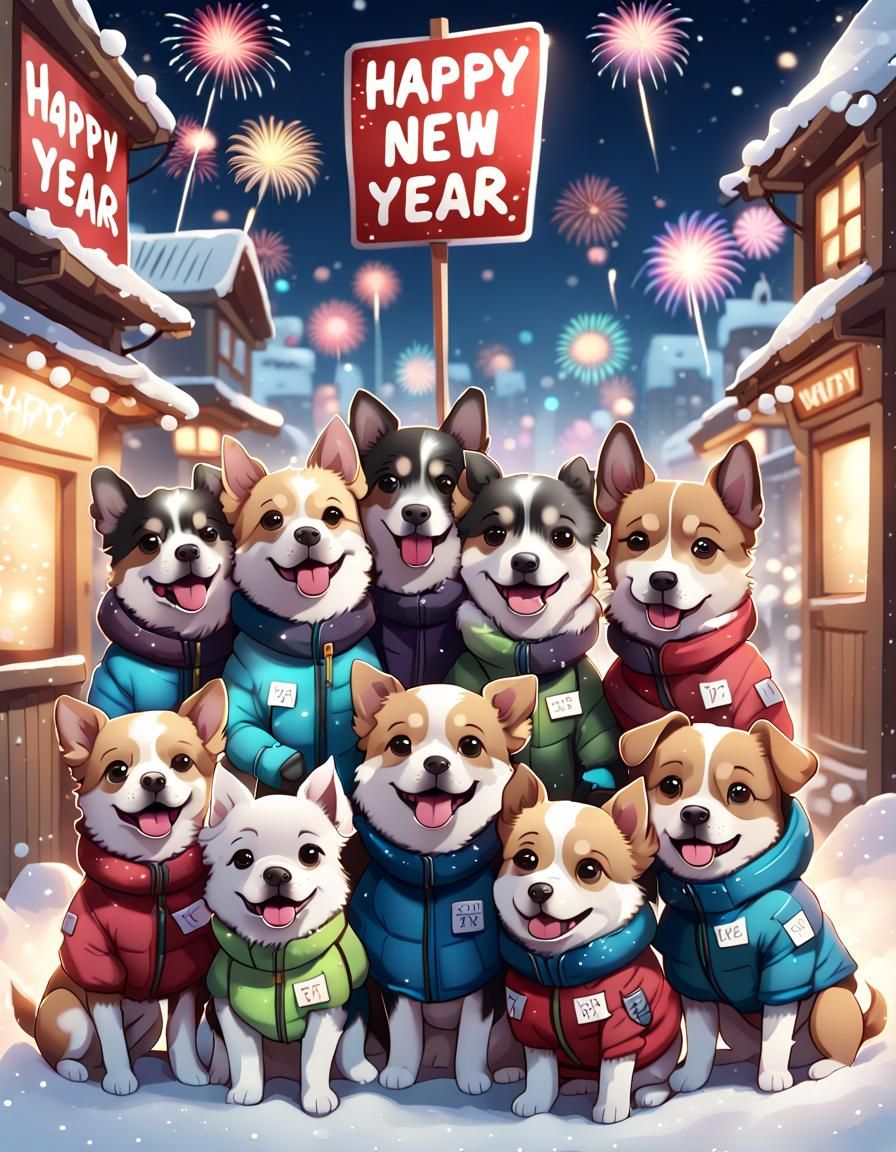 Chibi Pet life A group of Dogs wishing 'Happy New Year' - AI Generated ...