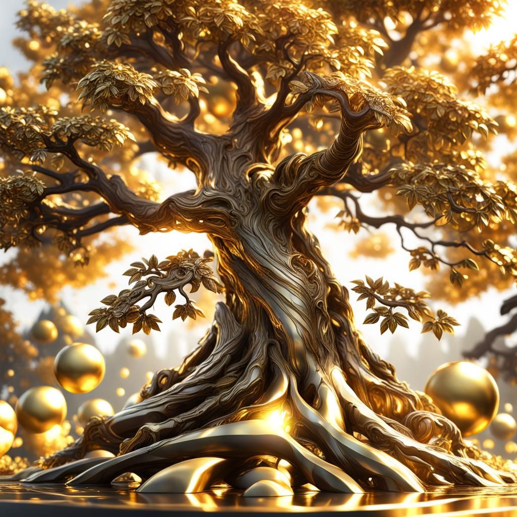 tree made of gold, metallic, golden monochromatic, shiny, - AI ...