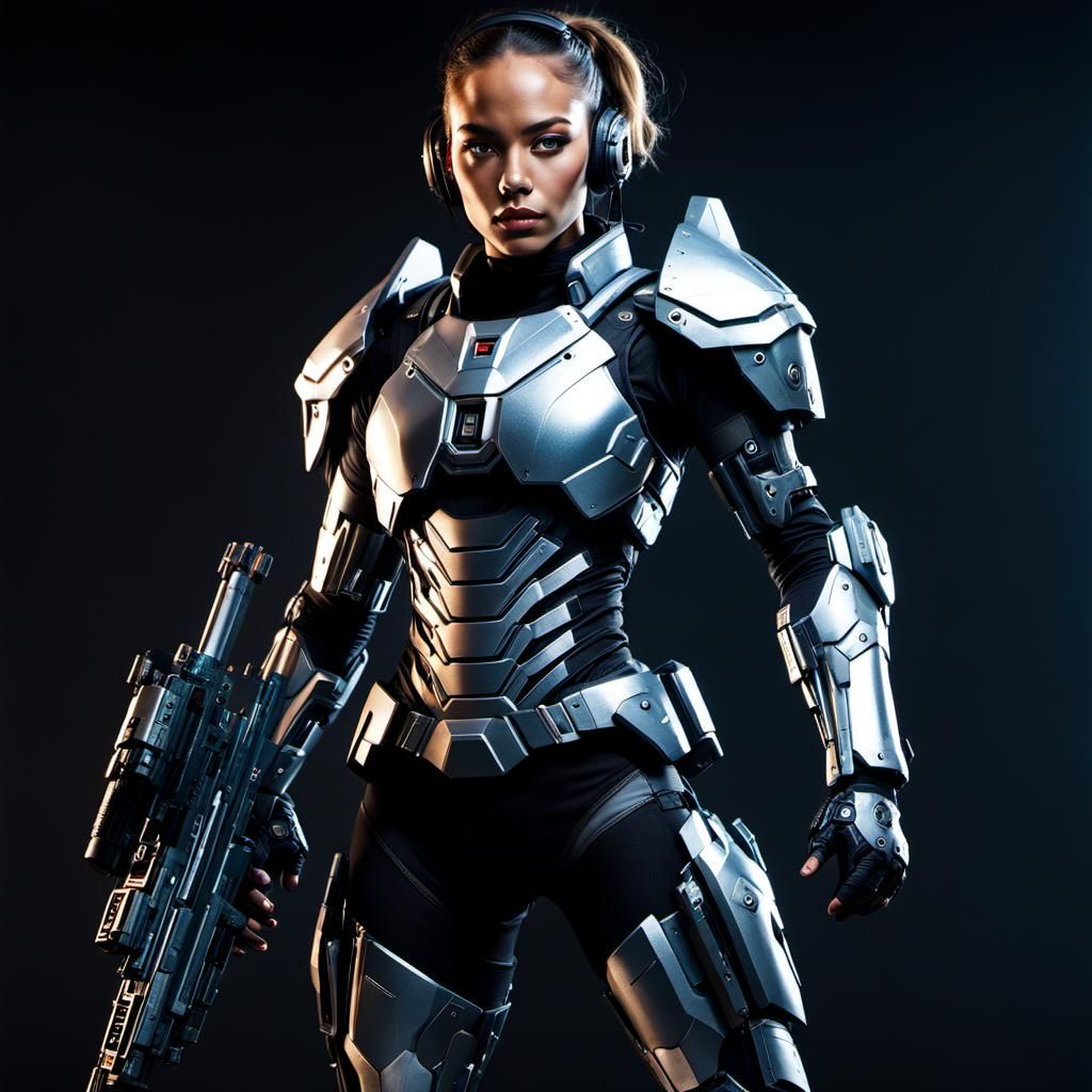 Full body picture of a female cyborg soldier with visible cybernetics ...