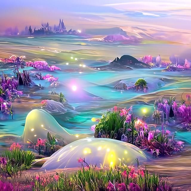 Pastel alien landscape with floating luminous sparkling mystical stars ...