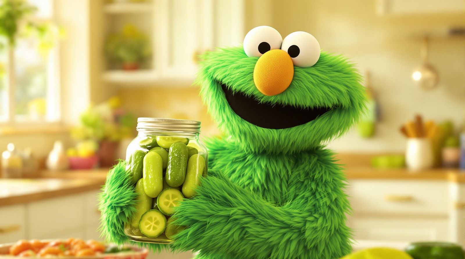 Pickle-Me-Elmo - Vibrant CGI Portrait of Elmo Holding Pickle...
