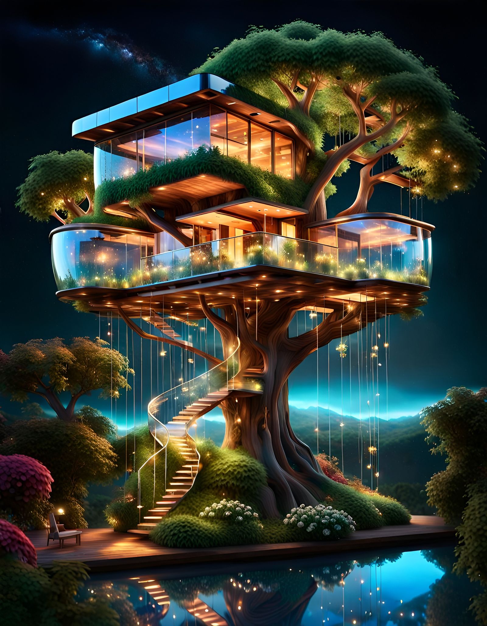 Glassy solarpunk treehouse - AI Generated Artwork - NightCafe Creator