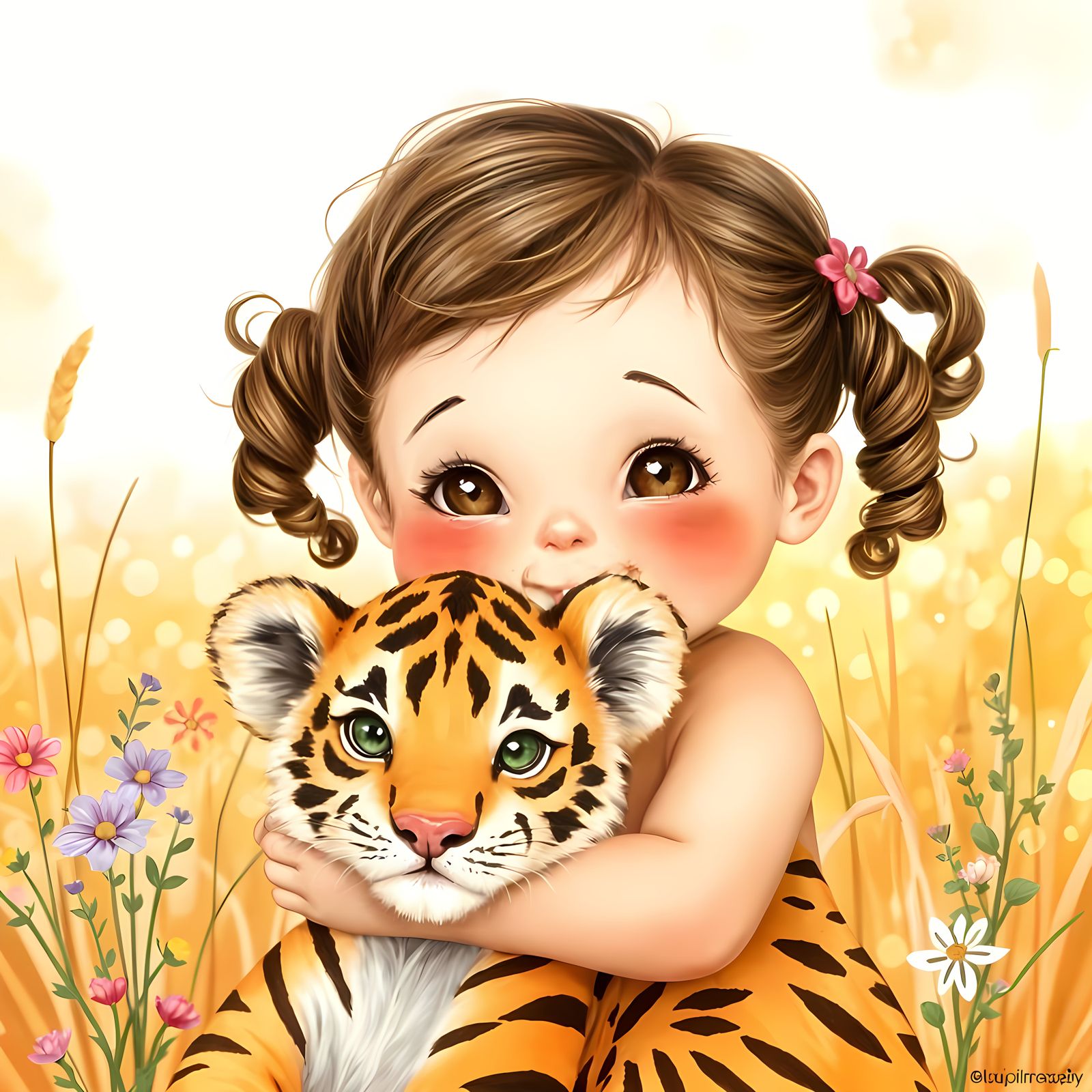 Little Girl Cuddles with Adorable Tiger Cub - AI Art