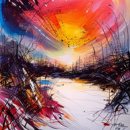 Expansive frozen landscape, city of ice in the distance, at sunset ...