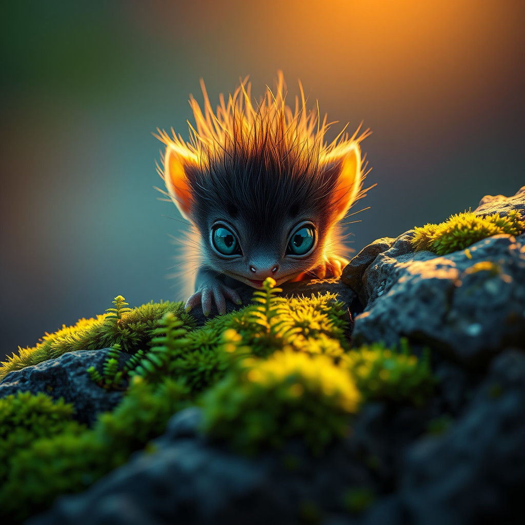 A tiny tantric creature sporting bluish eyes, carefully peering over a sharply jutting rock edge ...
