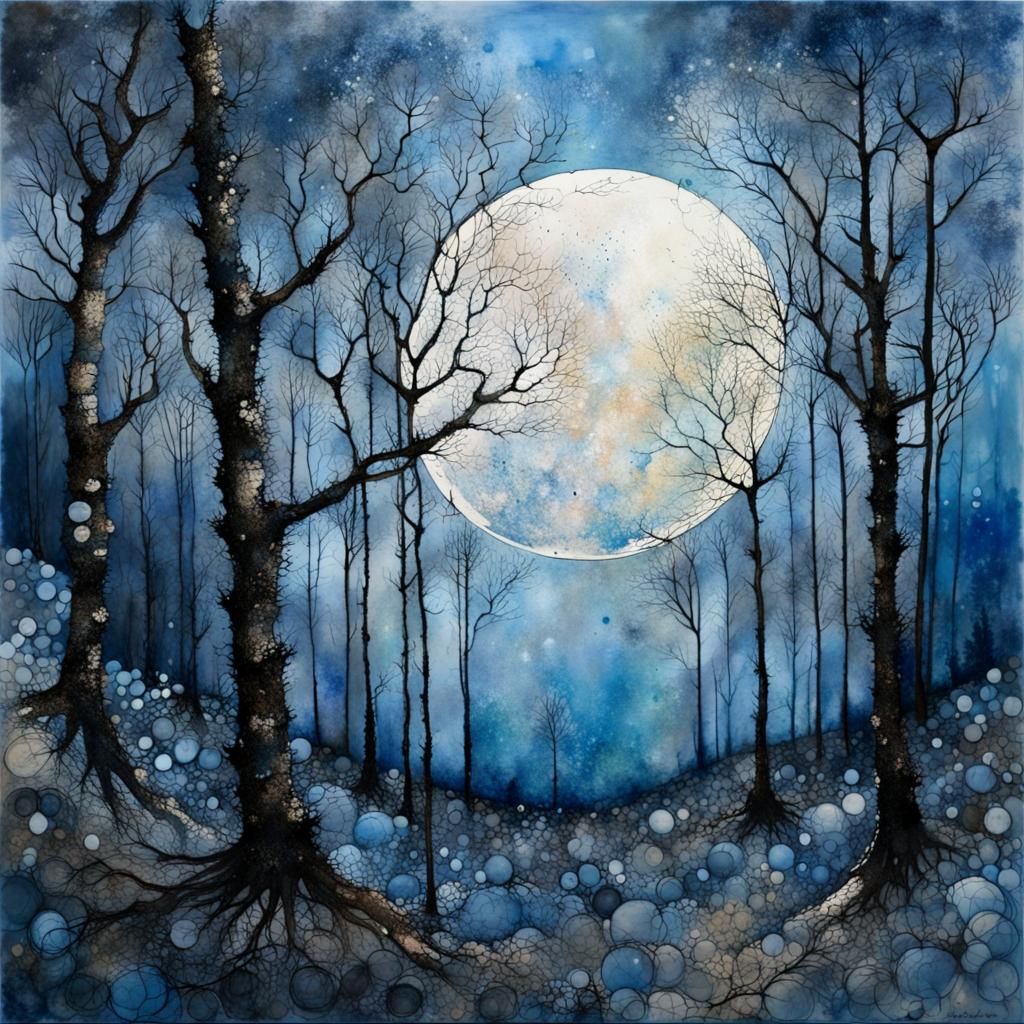 Happy blue forest moonscape in art brut style by Stewart Edmondson ...