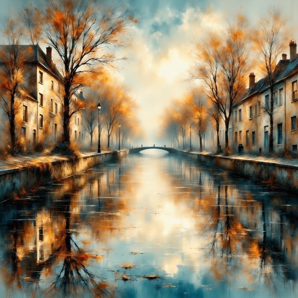 Ethereal urban riverside at twilight, with warm, golden light casting ...