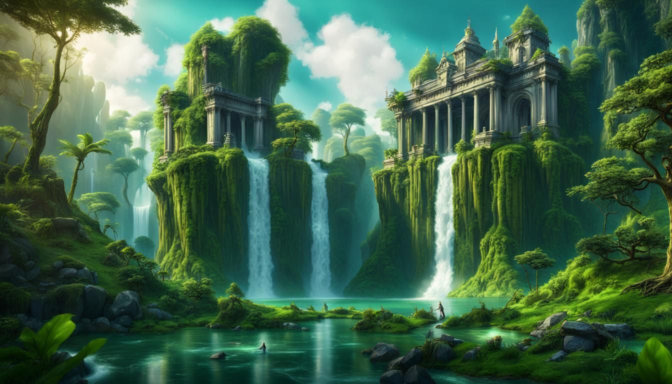 beautiful, magical, green nature with waterfalls, forests, giant marble palace and fantastic ...