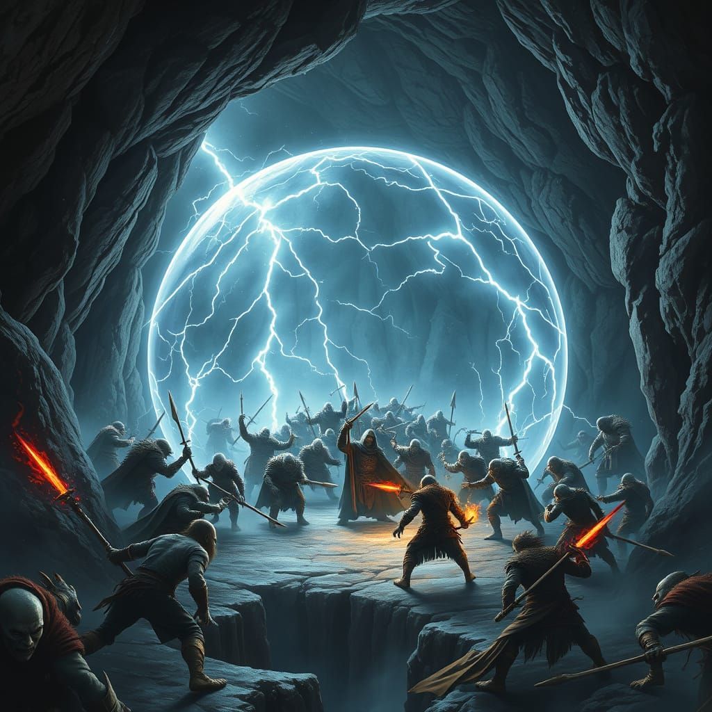 Mystic Shield of Heroes in Epic Cave Battle - AI Art