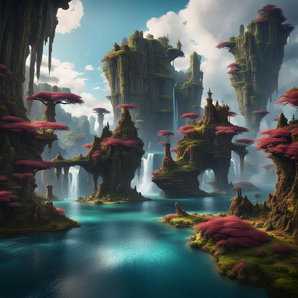 A surreal landscape with floating islands and waterfalls. - AI ...