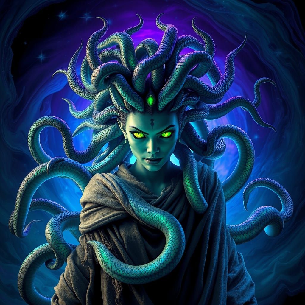 Fantasy creation of Medusa with her piercing eyes and slithering snake hair
