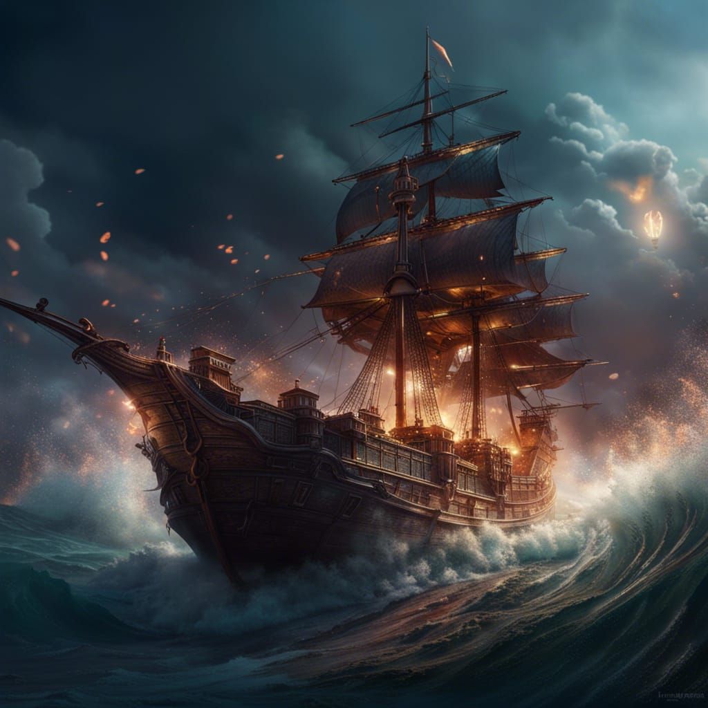 Fantasy serene ship firing on town landscape, big waves, a masterpiece ...