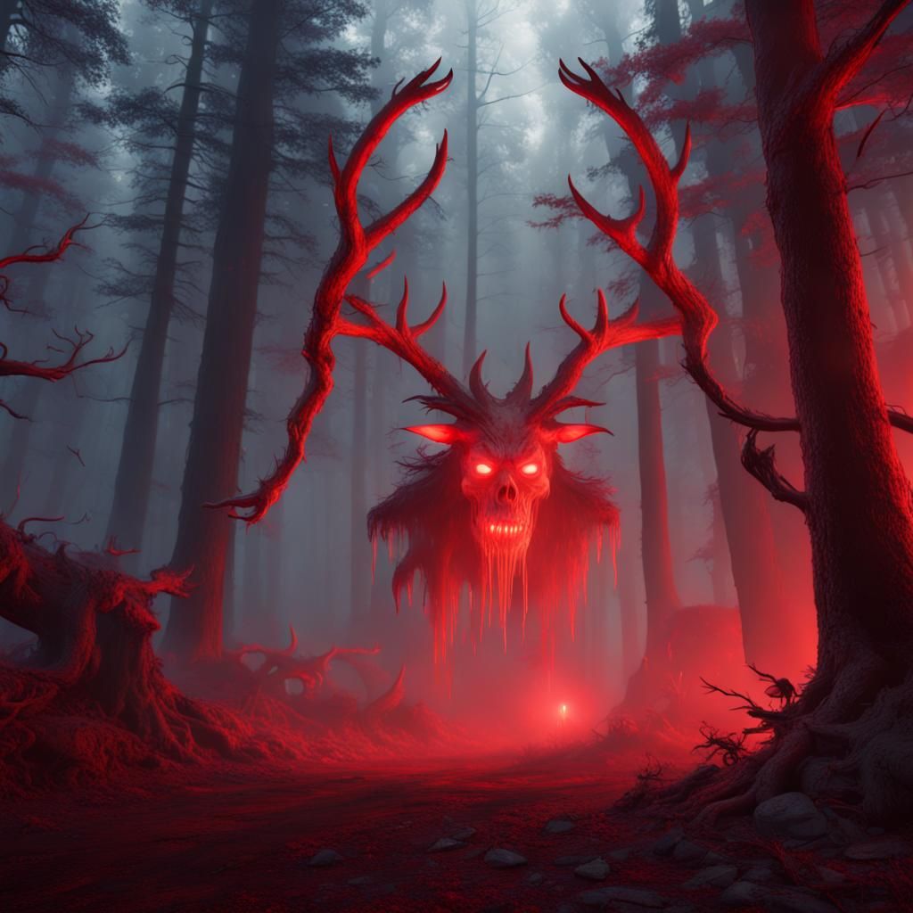 Red glowing windigo in a creepy forest with fog layering the ground ...