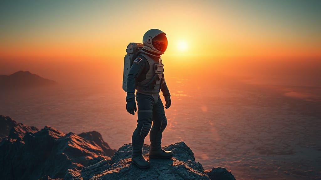 A lone astronaut, their EVA suit torn and scorched from relentless ...