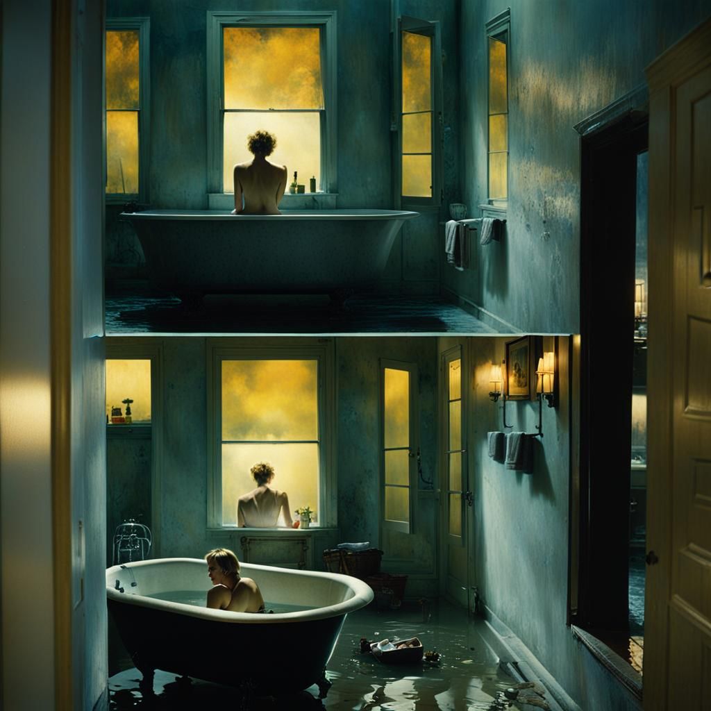 Art by Gregory Crewdson, Cindy Sherman, inspired by 'The Talented Mr. Ripley,' capturing a tense ...