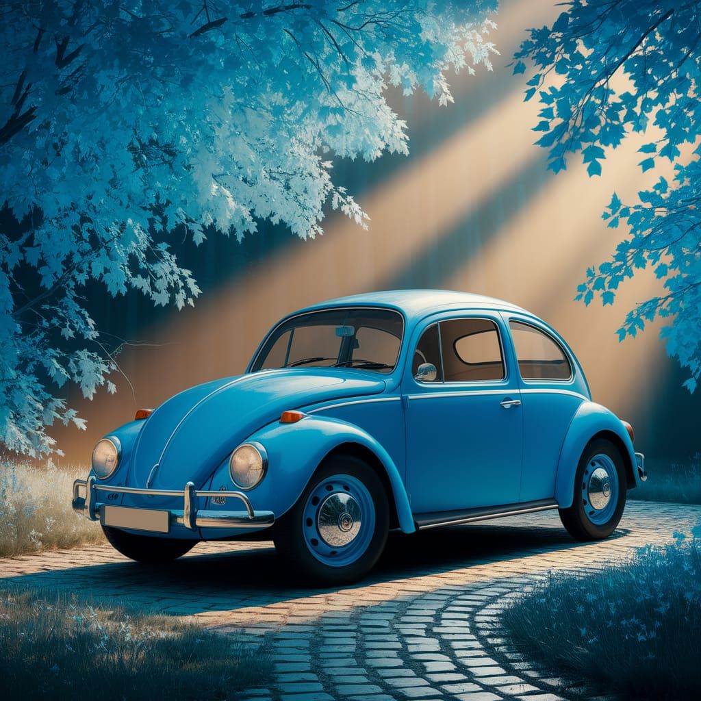 A bright blue vintage VW beetle. - Vintage Blue VW Beetle in...