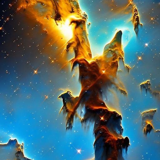webb telescope image of pillars of creation. Blue nebula, stunning display of stars against a ...