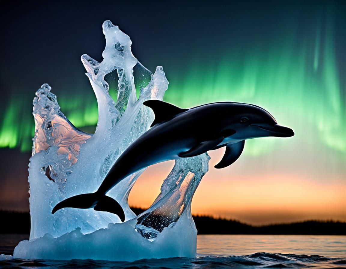 A dolphin rises out of the sea, hyperrealistic, intricate detail ...