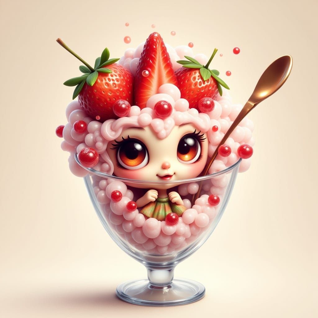 Chibi Strawberry Girl in Dessert Glass - AI Art