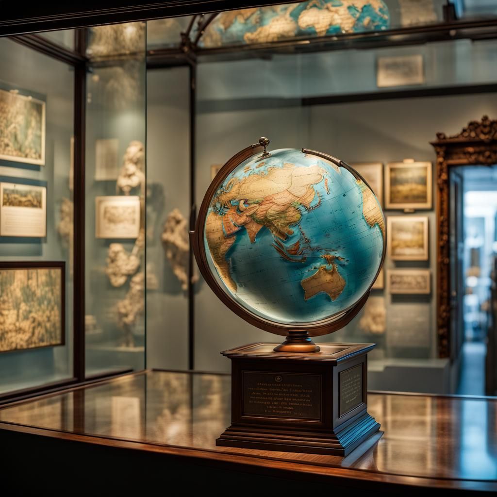 Globus 3D Map in a display in a museum glass case, soft lighting, top ...