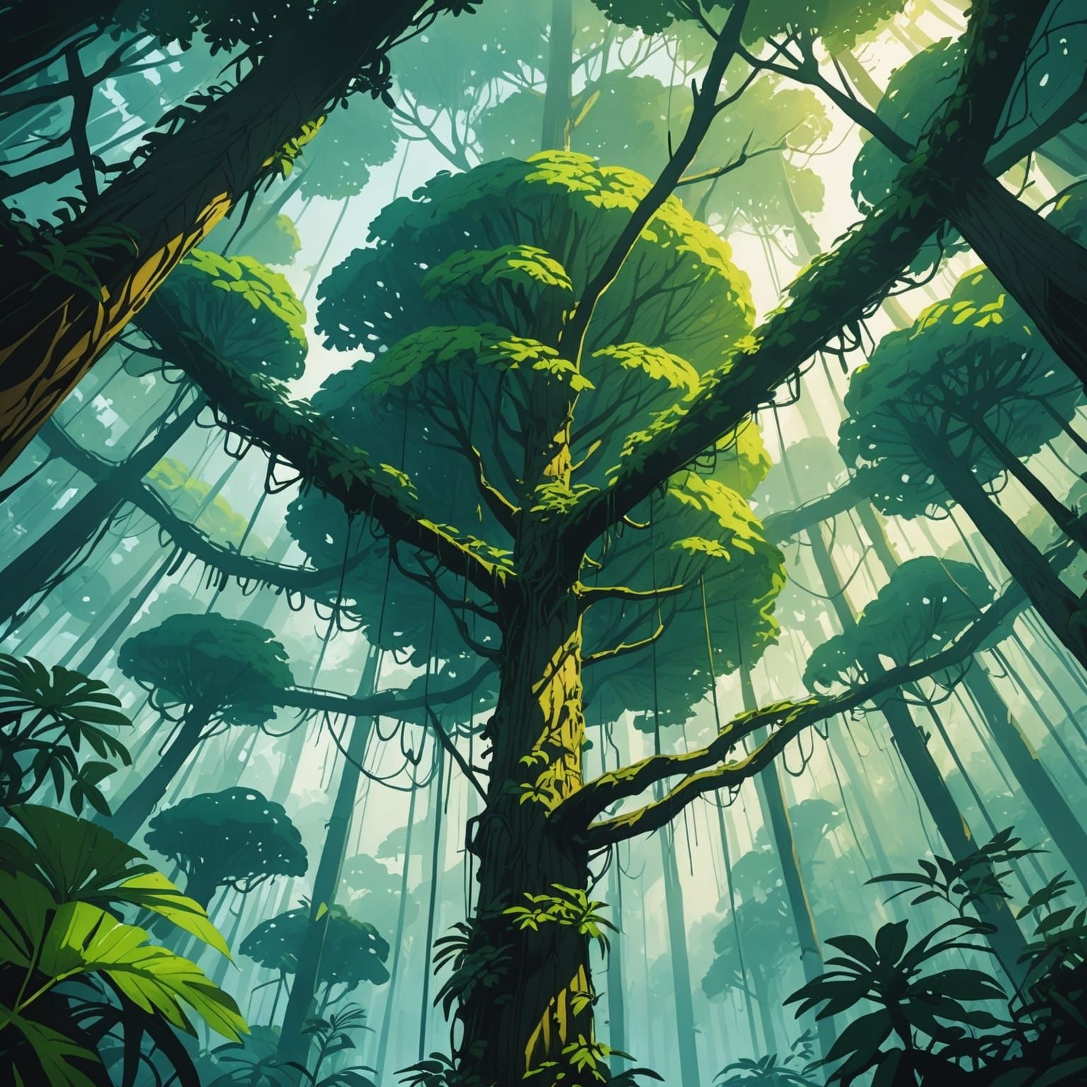 Misty rainforest canopy viewed from below, Masterpiece, Best Quality ...