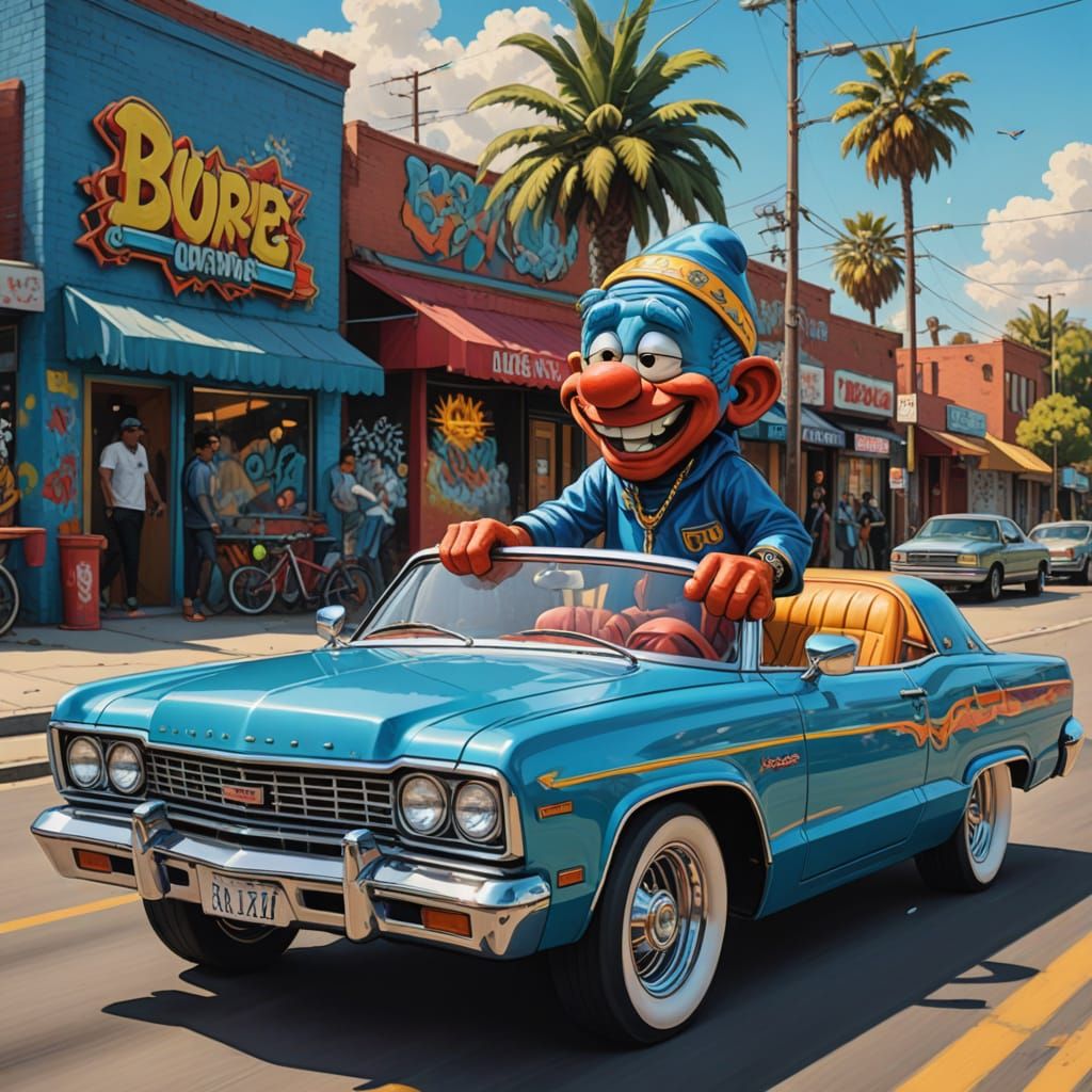 Papa Smurf Cruises in a Vibrant Lowrider - AI Art