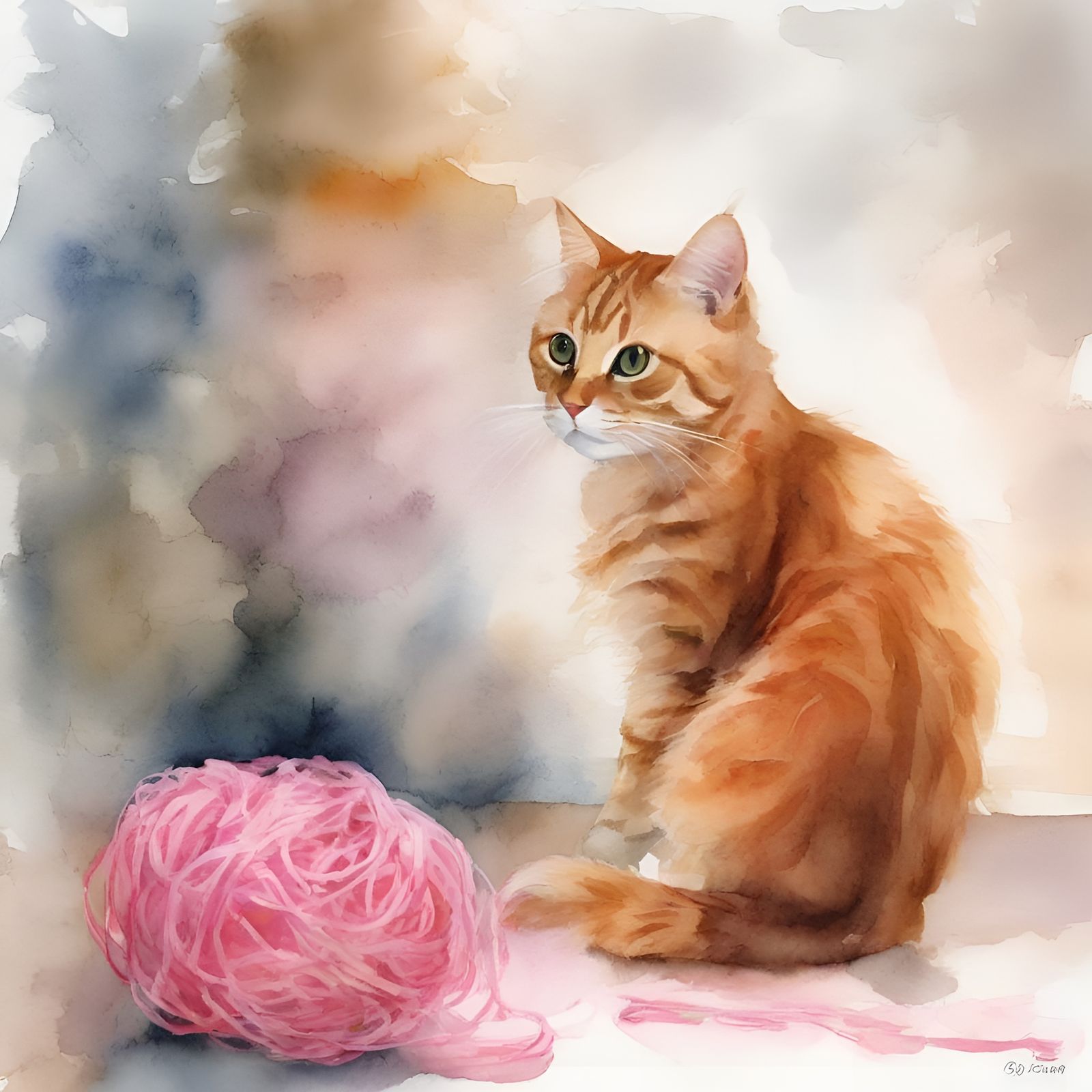 Cat and Yarn - Vibrant Ginger Cat Enjoys Whimsical Watercolo...