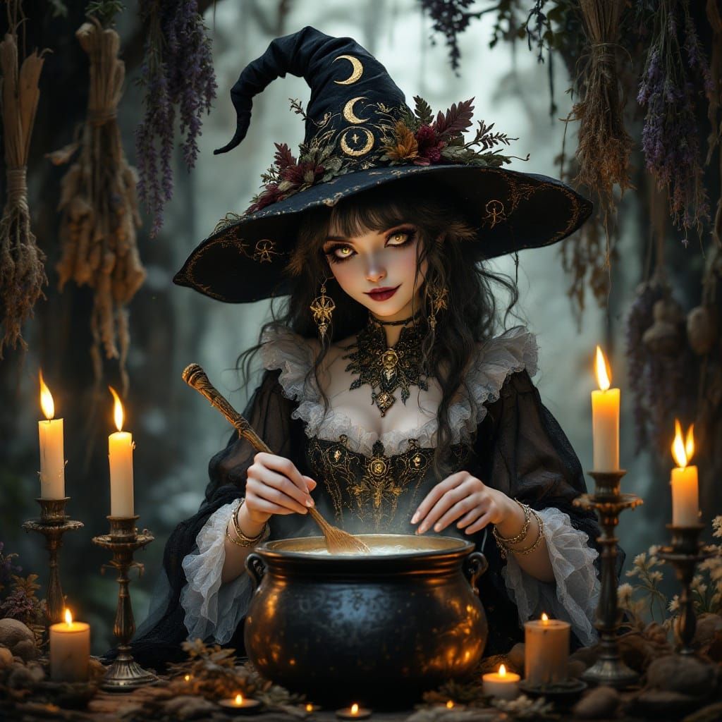 Magical Incantation - Ethereal Witch Stirs Mystical Cauldron...