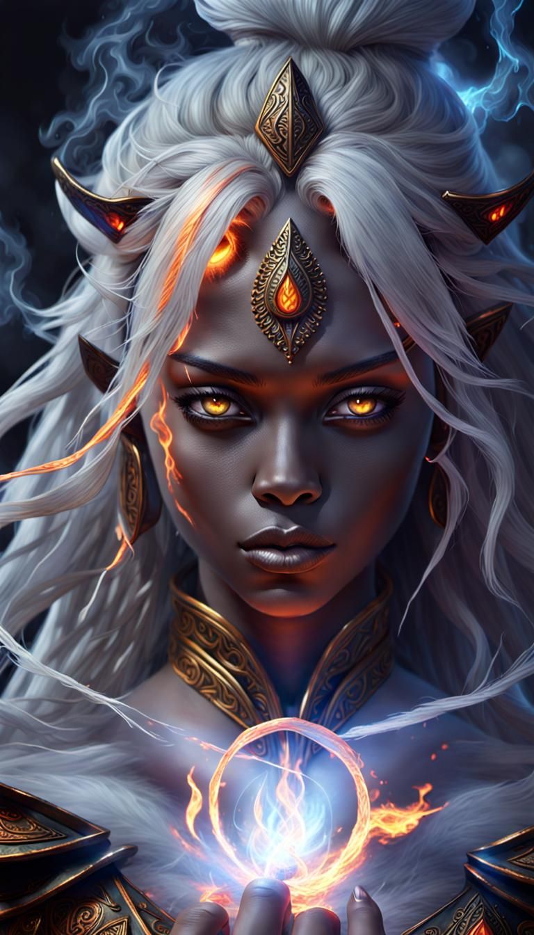 fire African mage, beautiful face, detailed face, beautiful fiery eyes ...