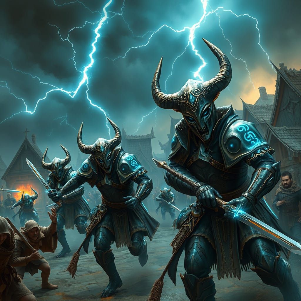 A group of fierce alien Vikings, clad in futuristic armor with glowing ...