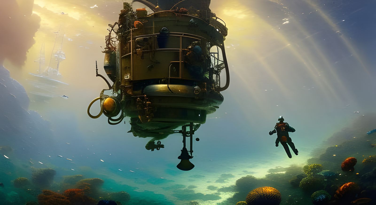 Steampunk Style Scuba Diver And Sub At The Bottom of The Ocean - AI ...