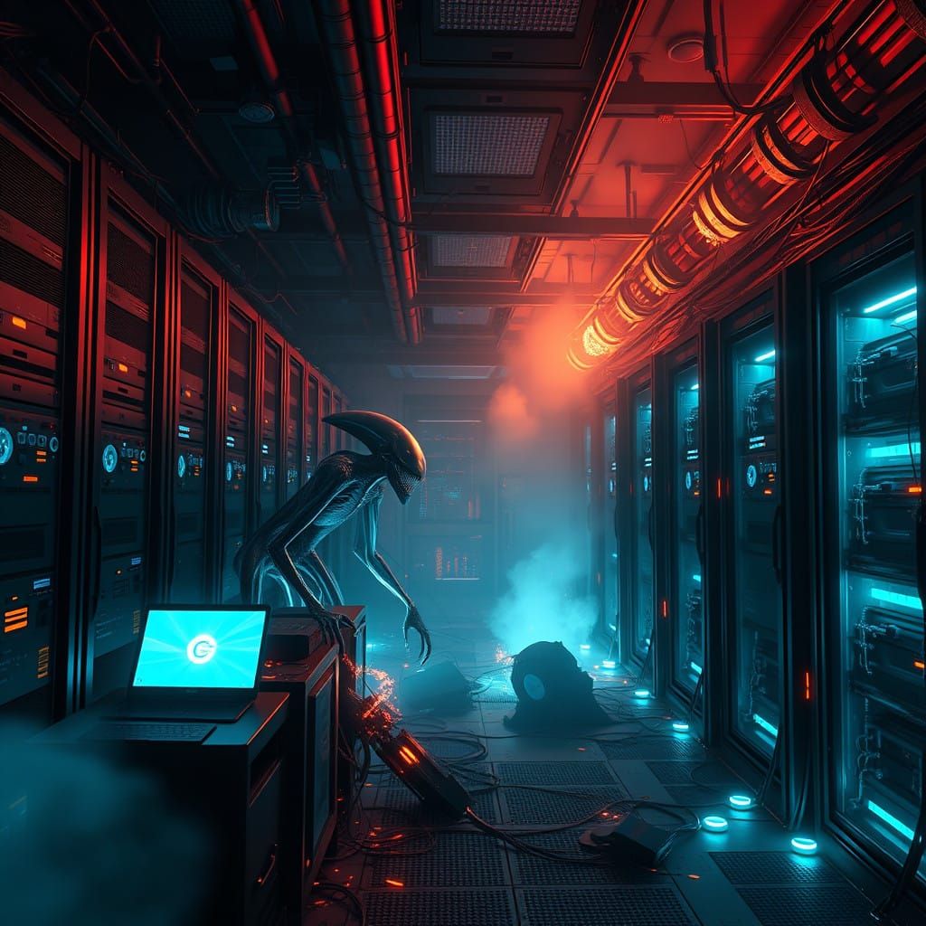 Cyberpunk Aliens Overrun Shadowy Data Center - AI Art