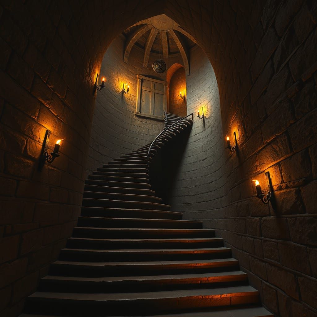 Medieval Castle's Grand, Spiral Staircase in Mysti... - AI Art