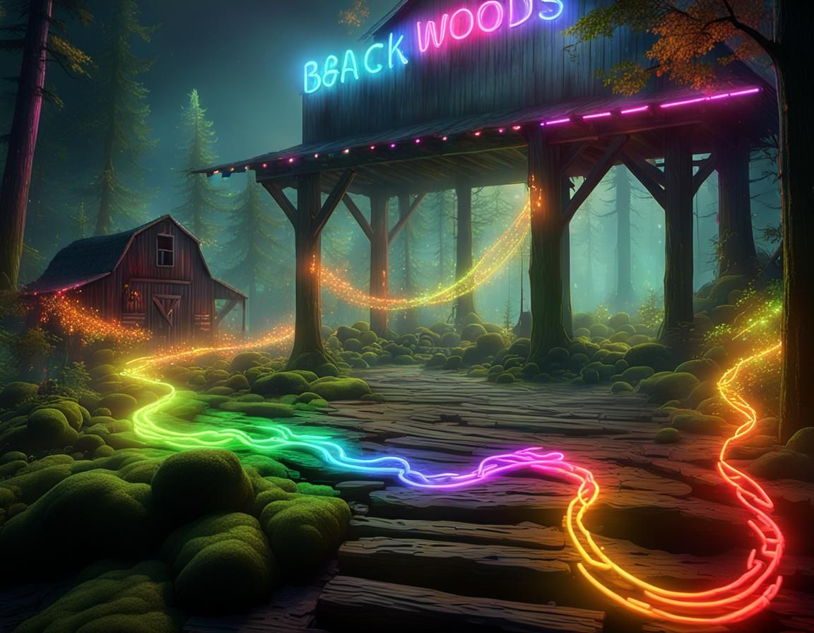 neon sign saying back woods ,vibrating music knotes , more layers puffy ...