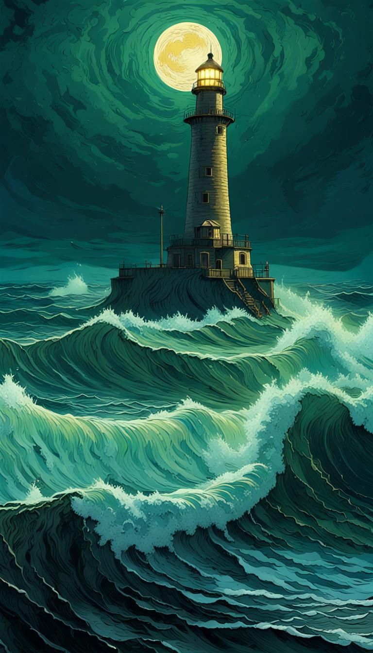 lighthouse in the middle of the sea lights up Rushing ocean waves they ...