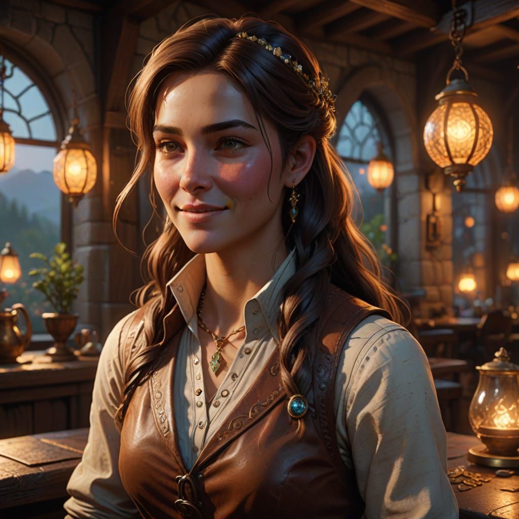 Smiling brown haired female alchemist inside a homey inn