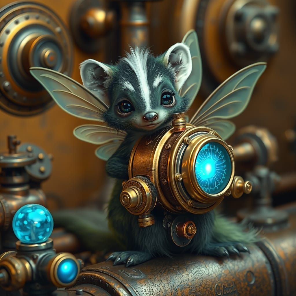 Steampunk Skunk with Iridescent Fairy Wings - AI Art