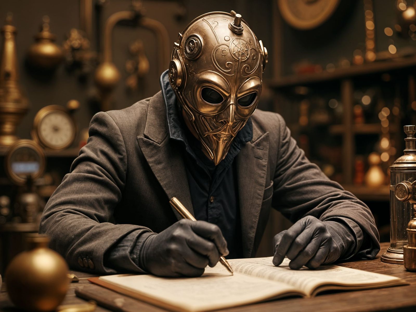 Anonymous Ray in mask posing as a great inventor at work