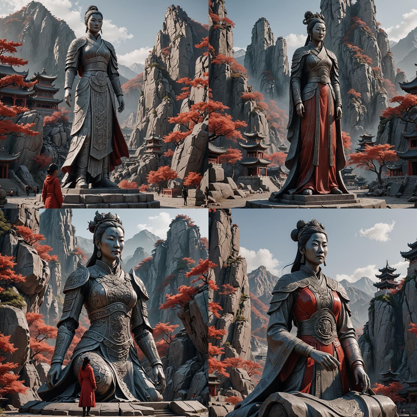 a large statue with a woman looking at it, in the style of unreal ...