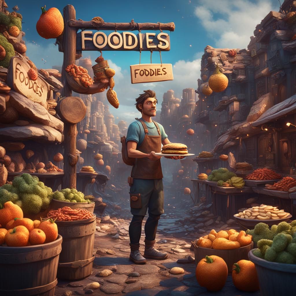 a guy holding a sign that says FOODIES - AI Generated Artwork ...