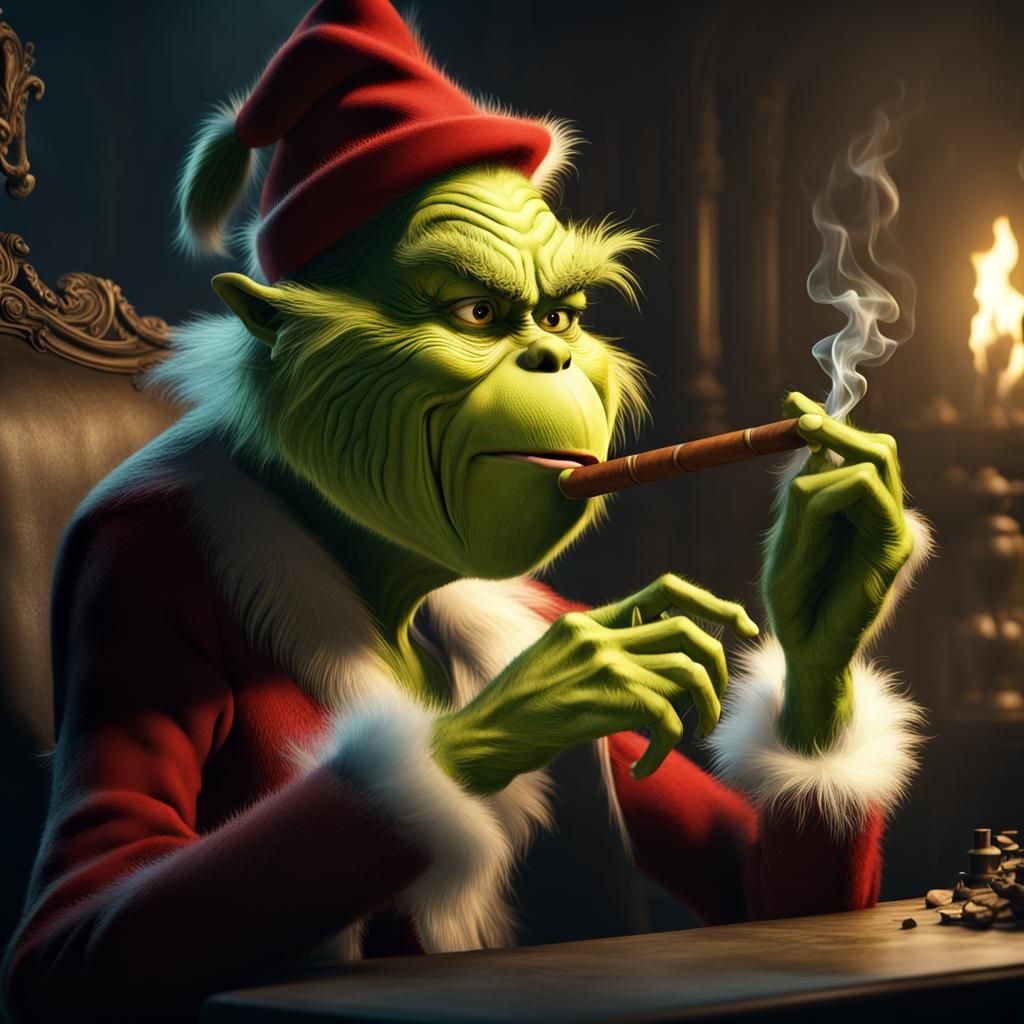 The grinch smoking on a cigar, gritty, in a dark room - AI Generated ...