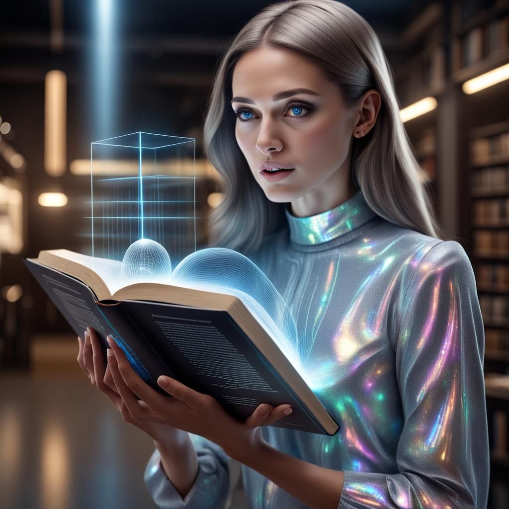 a lady explain of a holographic 3d book in realistic - AI Generated ...