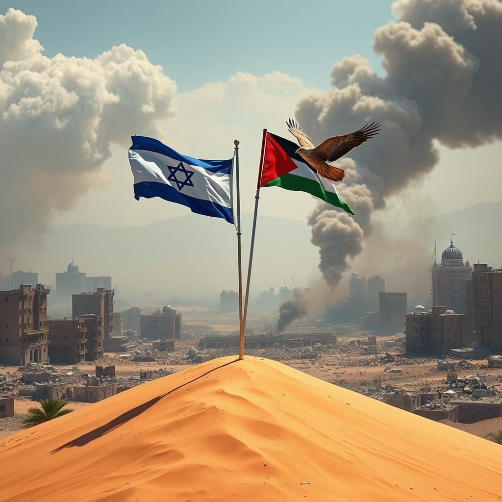 Hope in Devastation: Israeli and Palestinian Flags... - AI Art