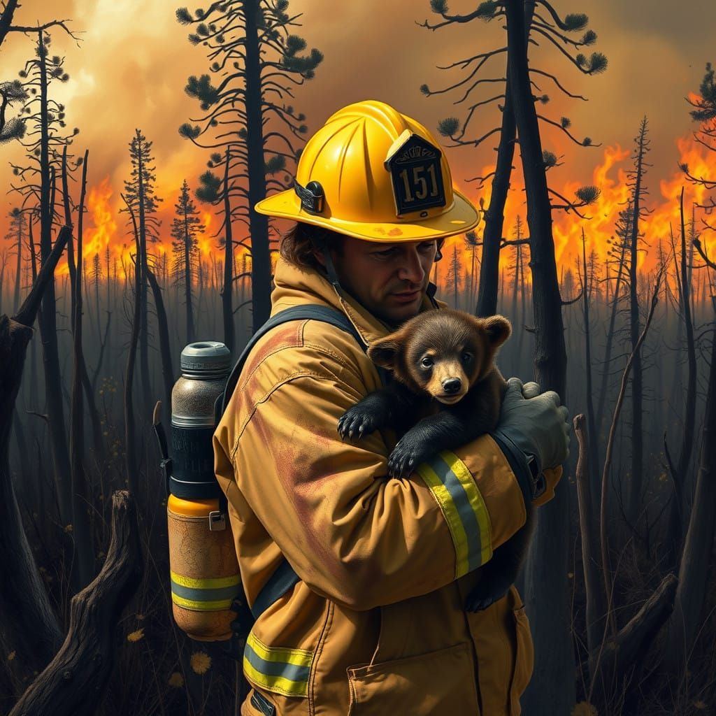 a firefighter rescues a baby bear from the California wildfires