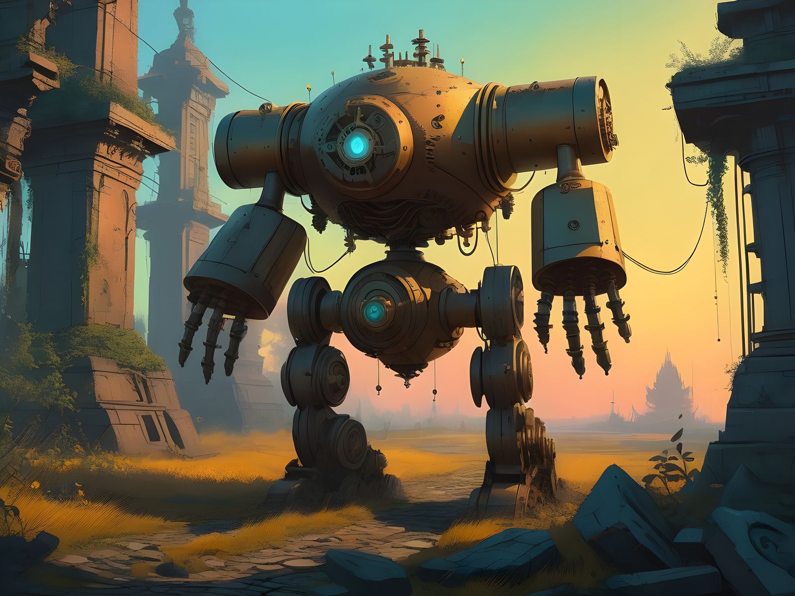 Majestic Steampunk Mecha in Ruined Temple Landscap... - AI Art