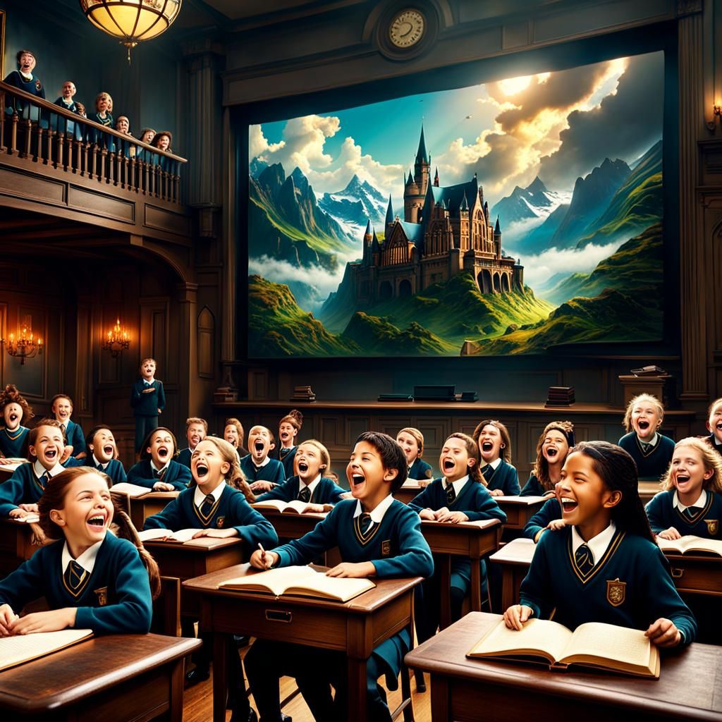 class of primary schoolchildren all laughing wildly at their teacher ...