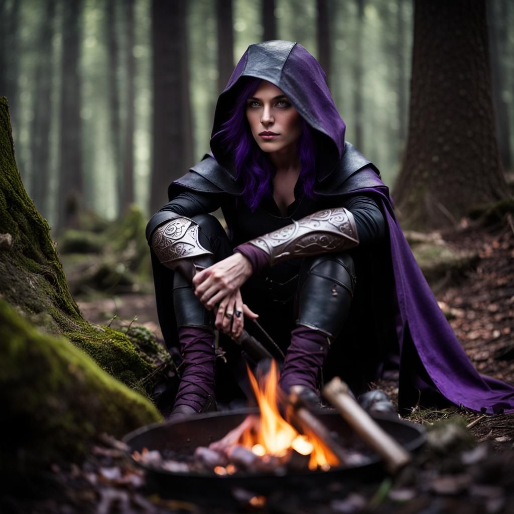 Female, muscular, half-elf rogue with short, brown and purple hair. She ...